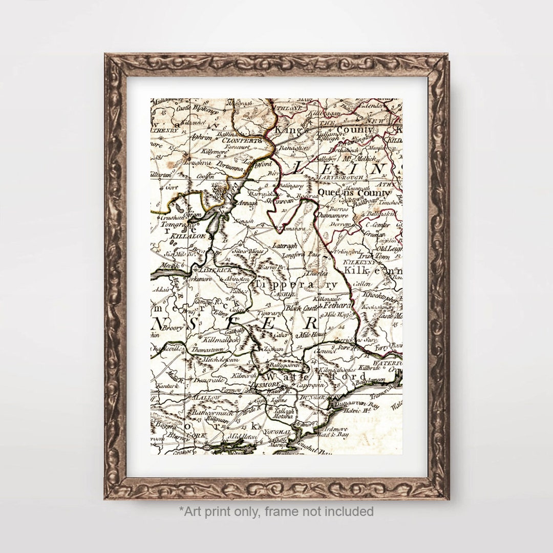 County TIPPERARY Irish Map Chart ART PRINT Ireland Vintage Antique ...