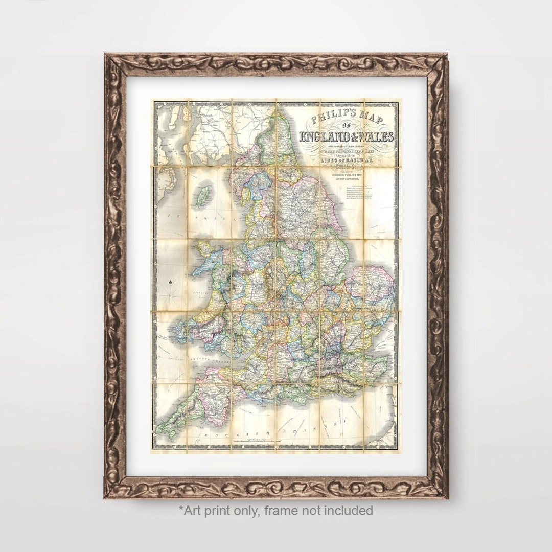England and Wales UK MAP Chart Art PRINT 1860 19th Century Vintage ...