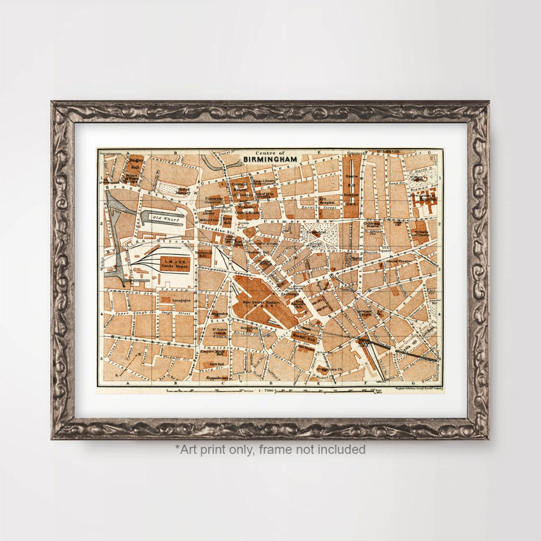 BIRMINGHAM City Centre Map Chart ART PRINT Vintage Antique British ...