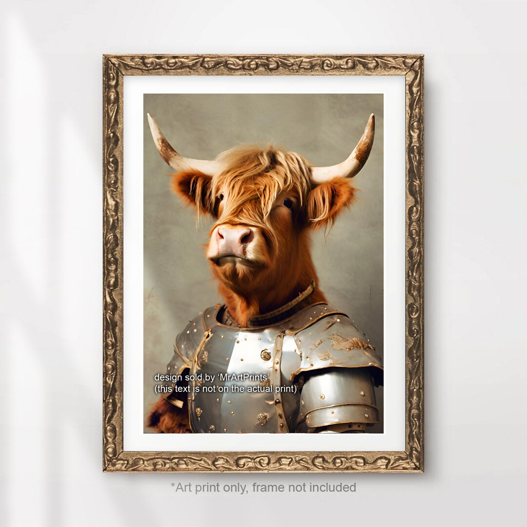 Highland Cow Animal Head Portrait ART PRINT Poster Medieval Knight Suit ...