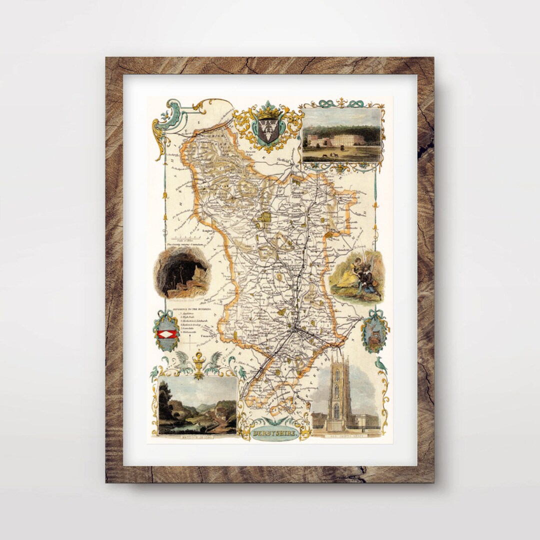 DERBYSHIRE Derby County Map ART PRINT British Britain Uk Antique ...