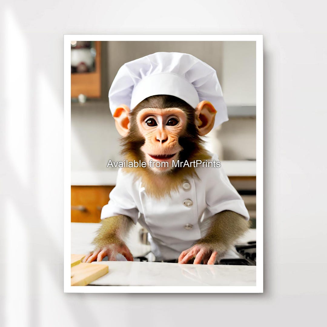 Kitchen Cute Funny Monkey Art Print Poster Wall Picture Adorable Animal ...