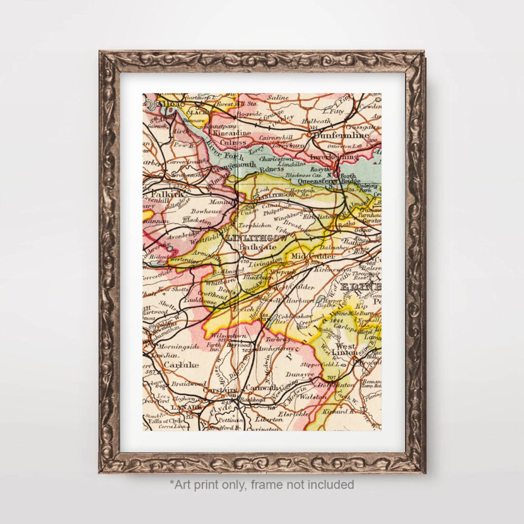 West LOTHIAN Linlithgow County MAP Chart Art PRINT Scotland Scottish ...