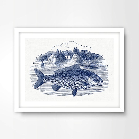 Blue Fish Fishing NAUTICAL ART PRINT Seaside Illustration | Etsy