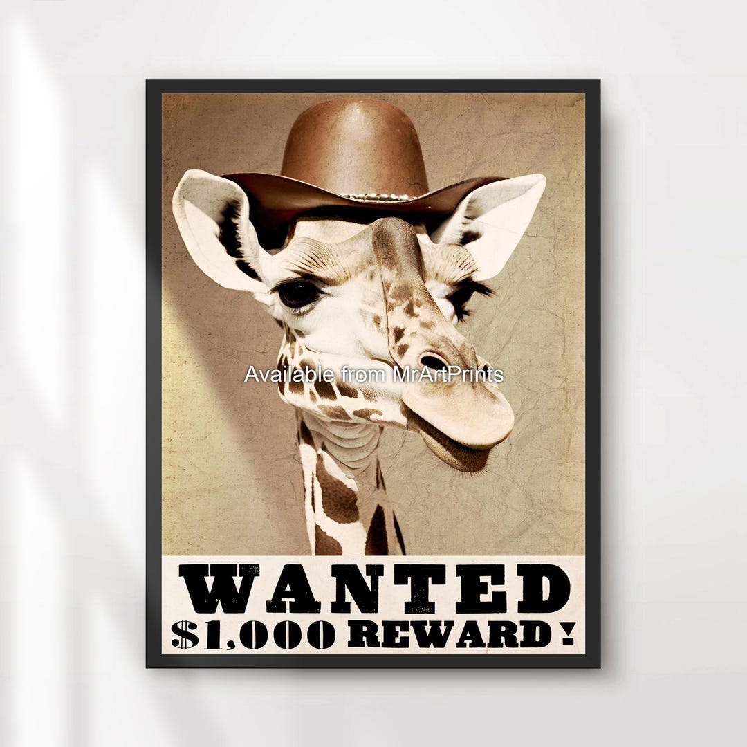 Cowboy Giraffe Wanted Poster Funny Animal Portrait Wild West Art Print ...