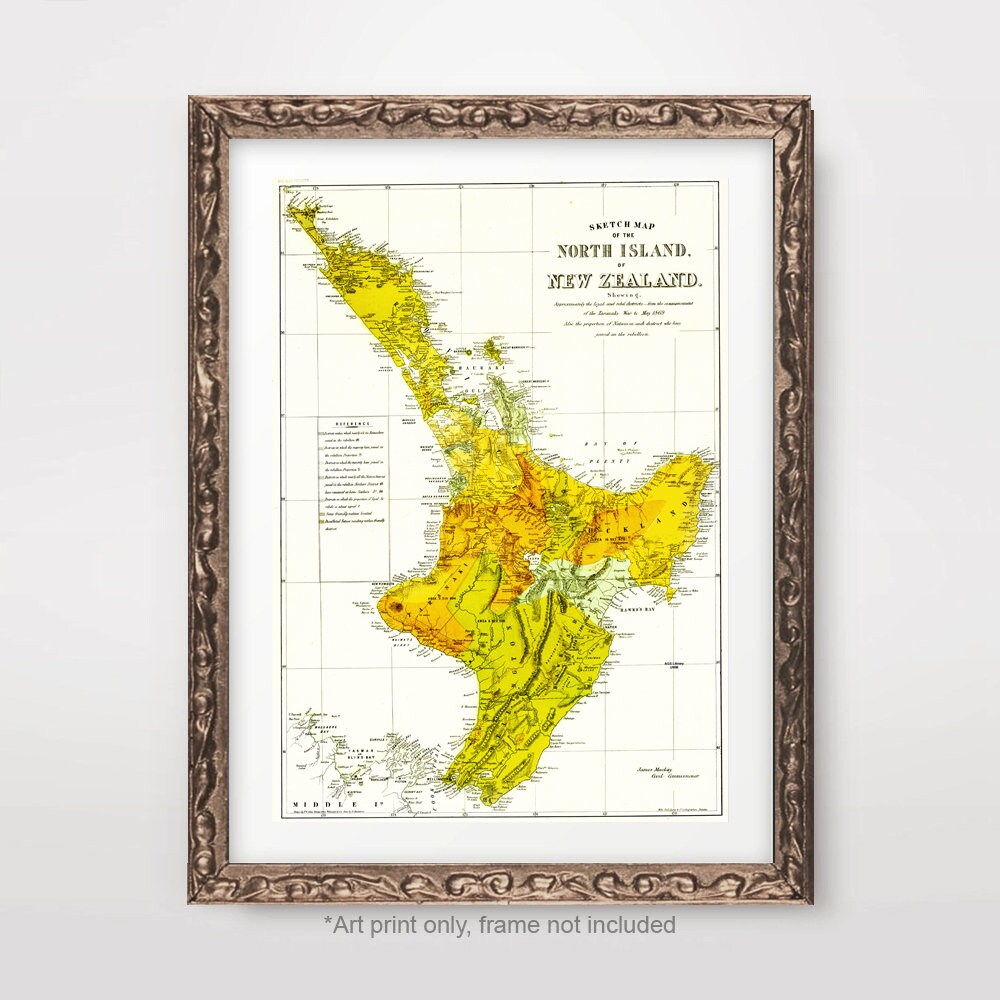 New ZEALAND North Island Kiwi Map Chart ART PRINT 1869 Vintage | Etsy