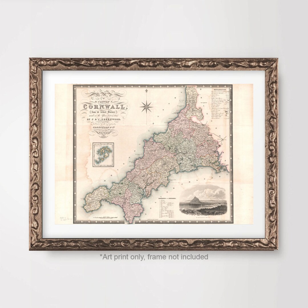 CORNWALL Cornish County Map Chart ART PRINT Year 1829 Vintage Antique ...