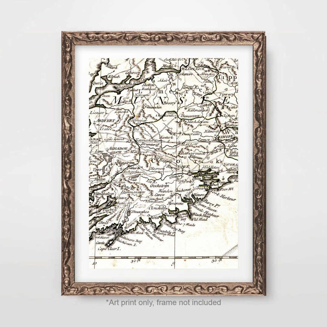 County CORK Irish Map Chart ART PRINT Ireland Vintage Antique Poster ...