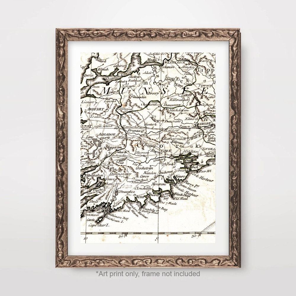 County CORK Irish Map Chart ART PRINT Ireland Vintage Antique Poster ...