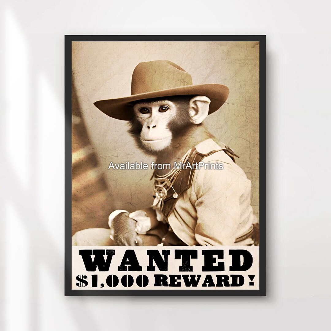 Cowboy Monkey Wanted Poster Funny Animal Portrait Wild West Art Print ...