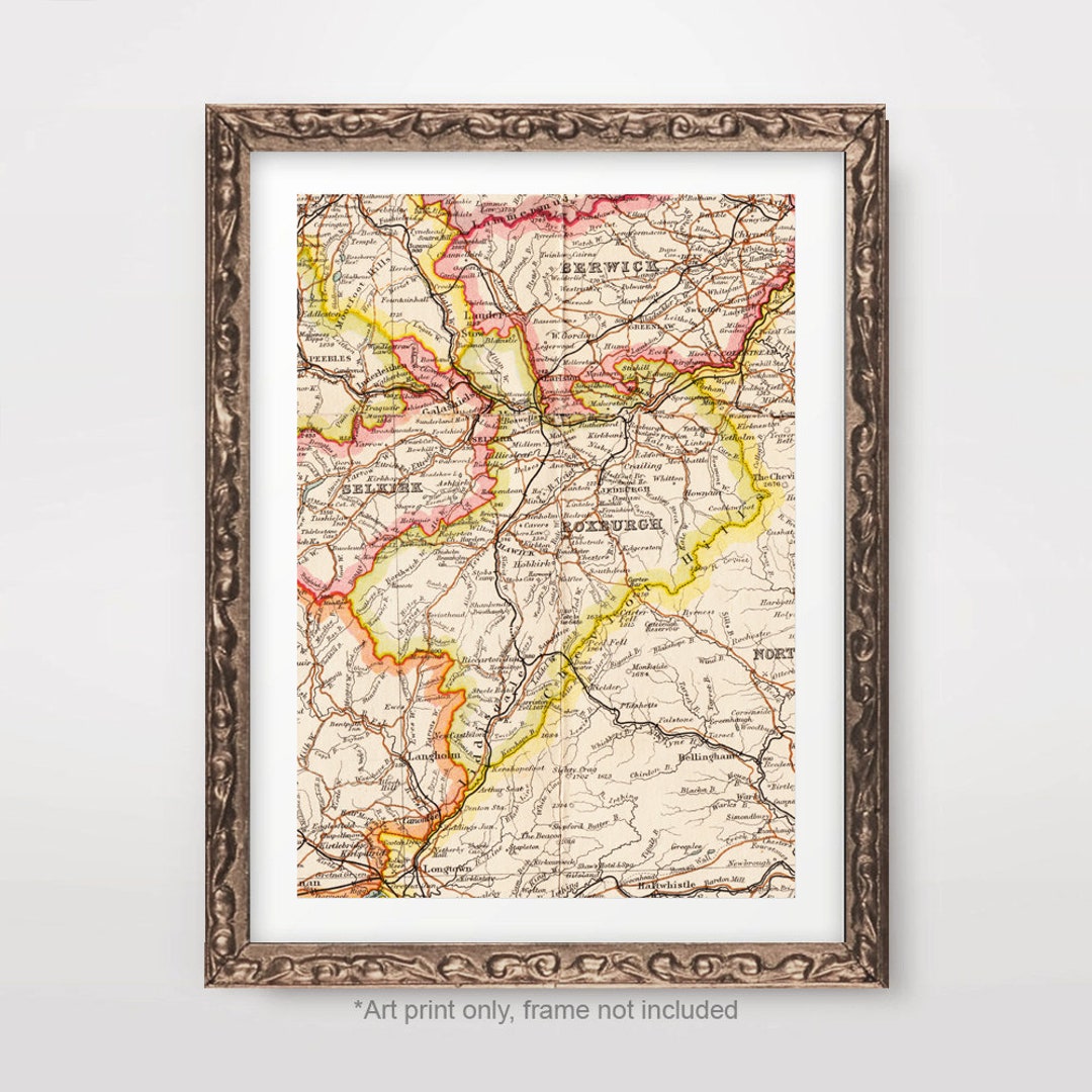 ROXBURGHSHIRE Roxburgh County MAP Chart Art PRINT Scotland Scottish ...