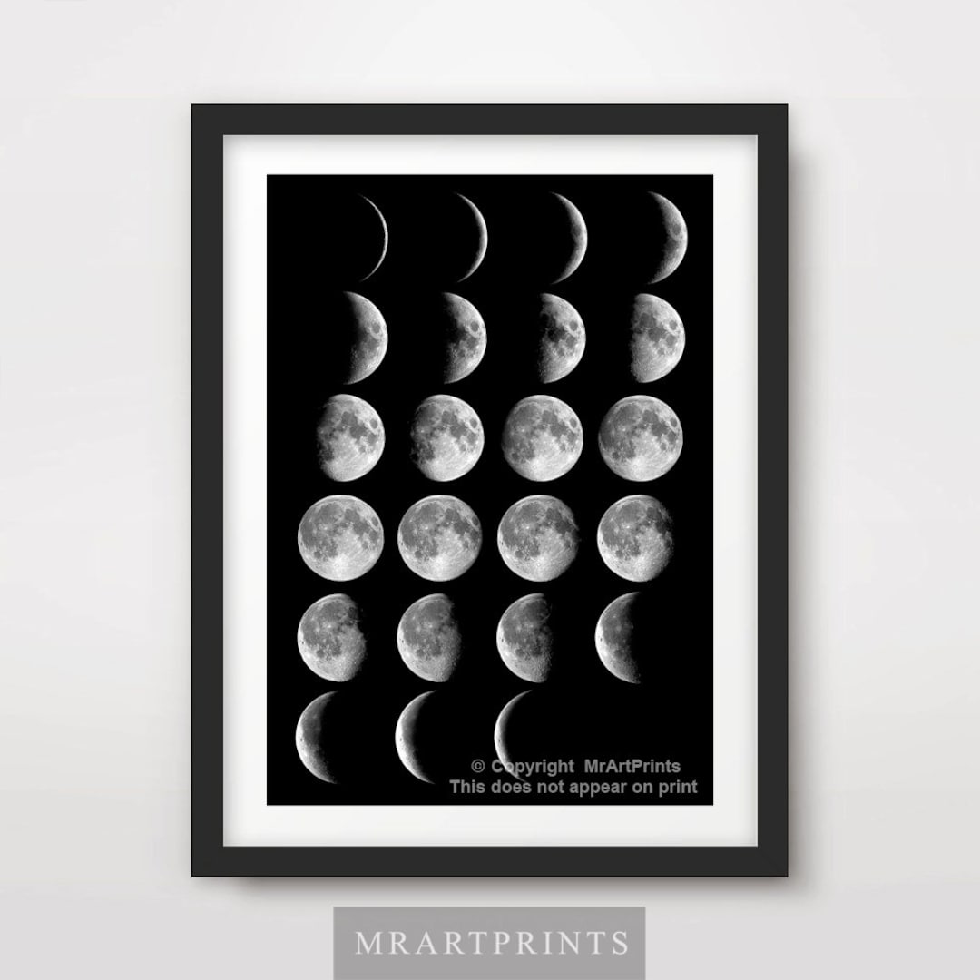 Moon Phases Art Print | Celestial Lunar Diagram, Black and White - Etsy UK