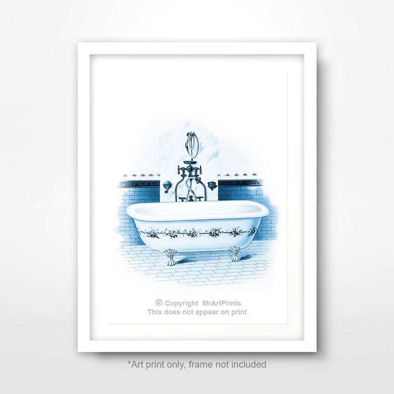 Vintage Bath Illustration Blue BATHROOM ART PRINT Poster Wall Picture ...