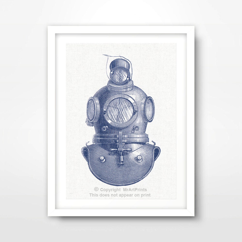 Blue Antique Vintage Diving Helmet NAUTICAL ART PRINT Seaside ...