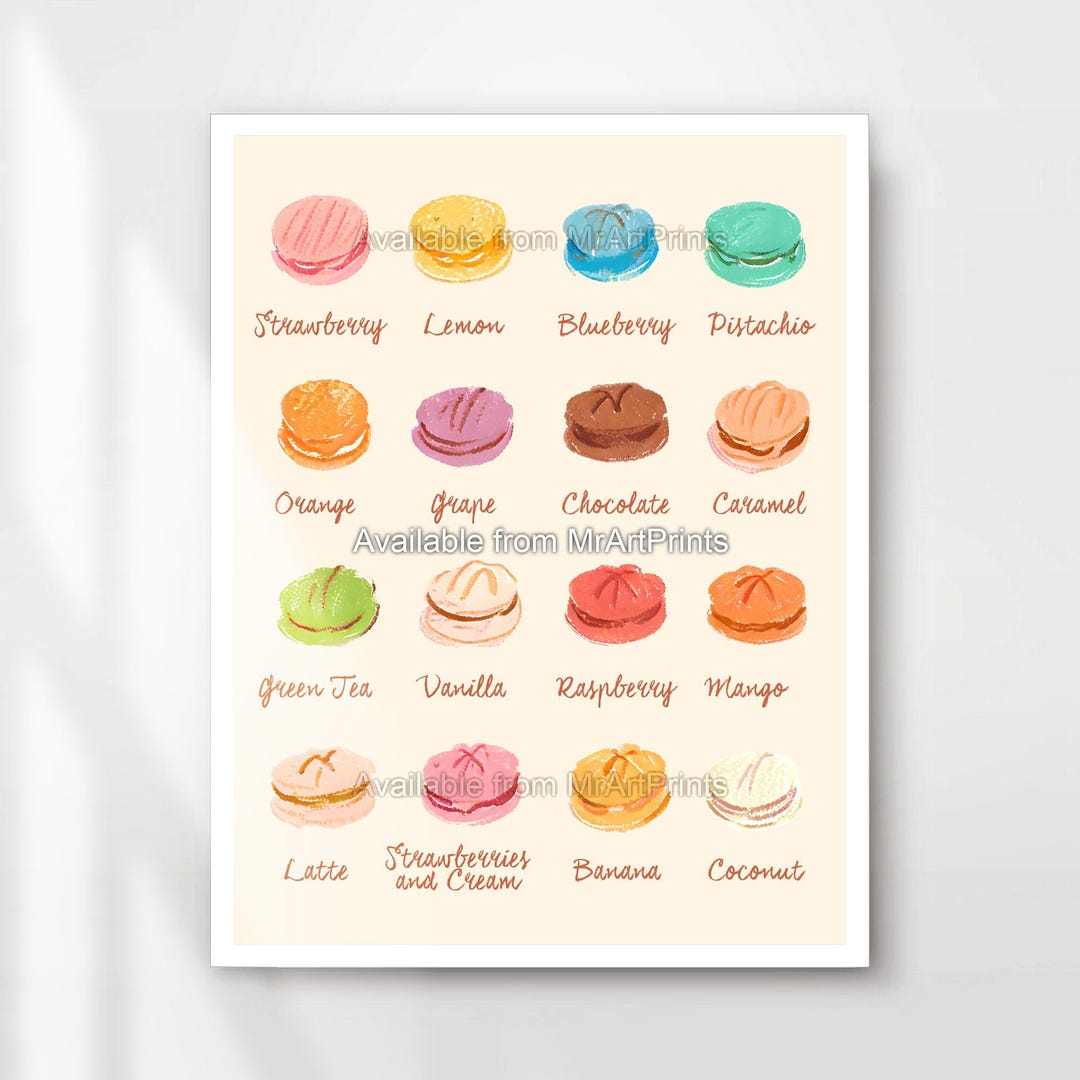 Kitchen Macaroon Flavours Types Chart Art Print Poster Cute Colourful ...