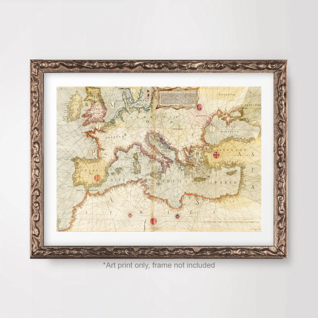 MEDITERRANEAN Map Chart ART PRINT Year 1567 Vintage Antique Historical ...