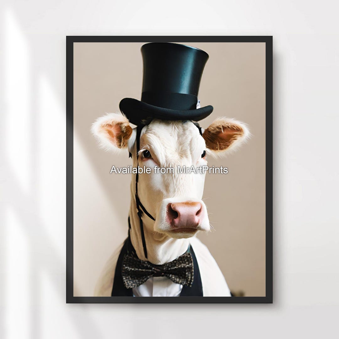 Cow Wearing Top Hat Bow Tie Suit Art Print Poster Wall Picture Funny ...