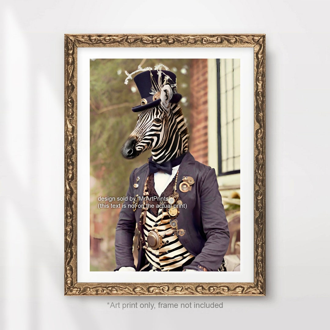Steampunk Zebra Animal Head Portrait ART PRINT Poster Dressed as People ...