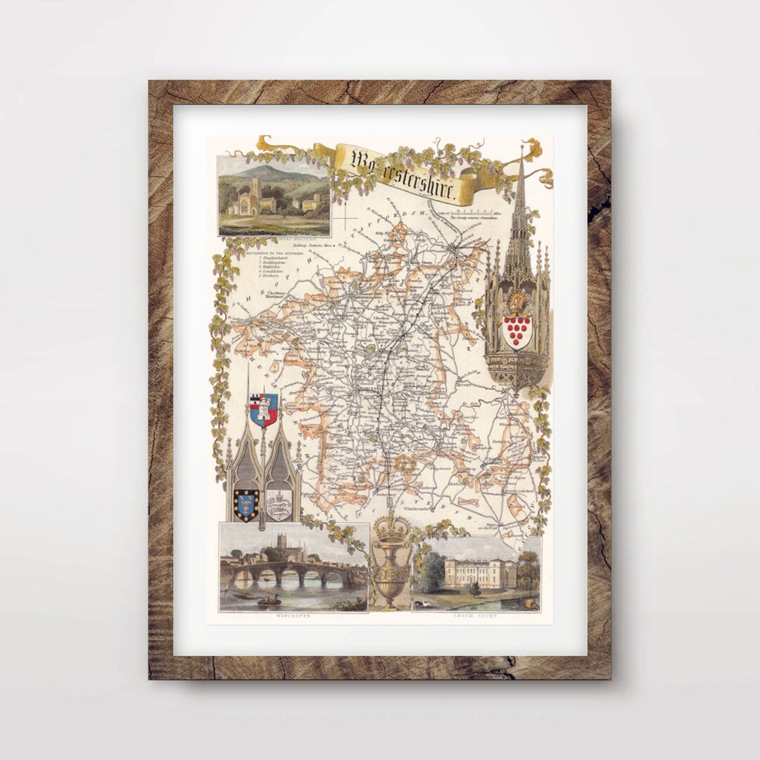 WORCESTERSHIRE County Map ART PRINT British Britain Uk Antique Vintage ...
