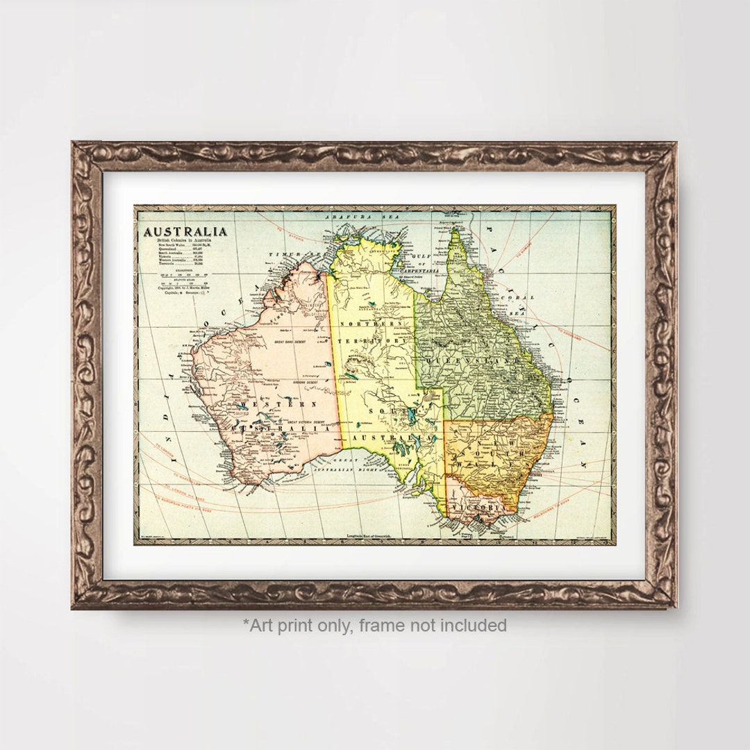 AUSTRALIA Austalian Map ART PRINT Year 1899 Vintage Antique Historical ...