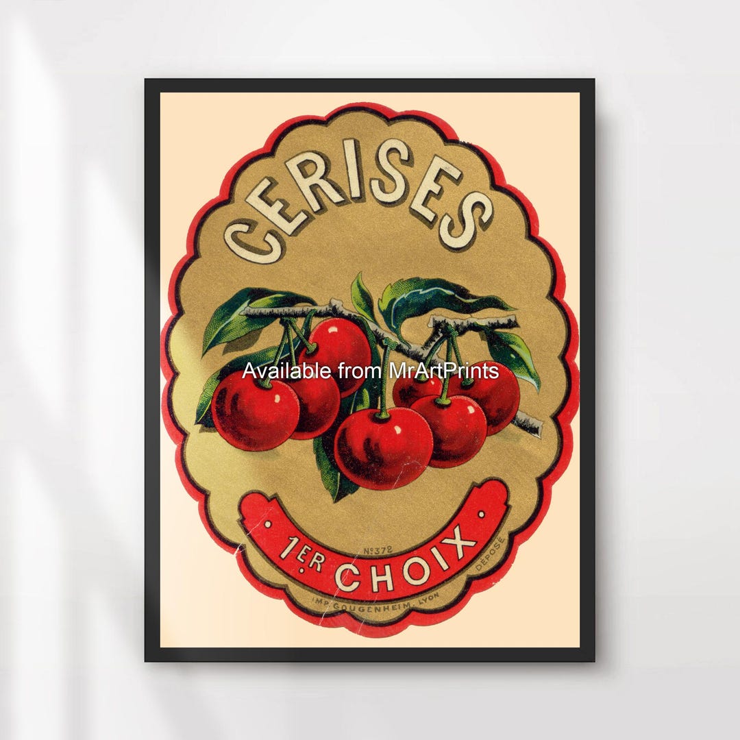 Cherry French Vintage Advert Label Kitchen Art Wall Picture Print ...