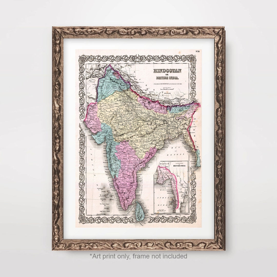 INDIA Indian British Raj Country Map Chart ART PRINT Year 1855 Vintage ...