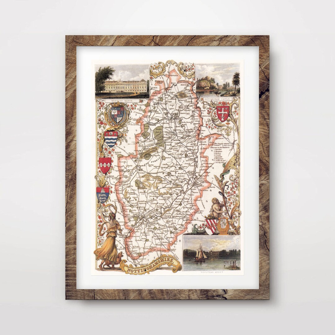 NOTTINGHAMSHIRE Nottingham County Map ART PRINT British Britain Antique ...