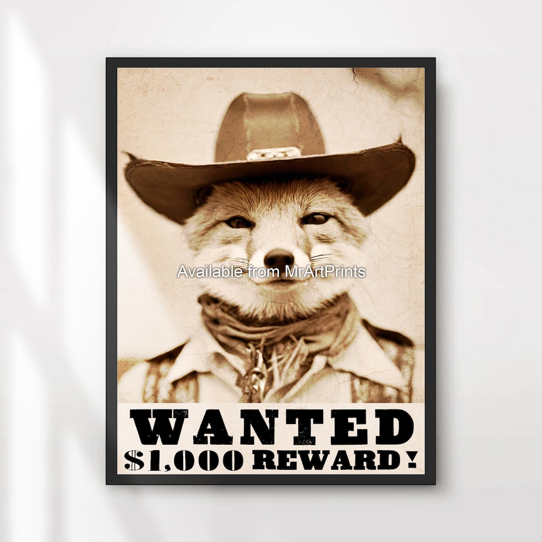 Cowboy Fox Wanted Poster Funny Animal Portrait Wild West Art Print Wall ...
