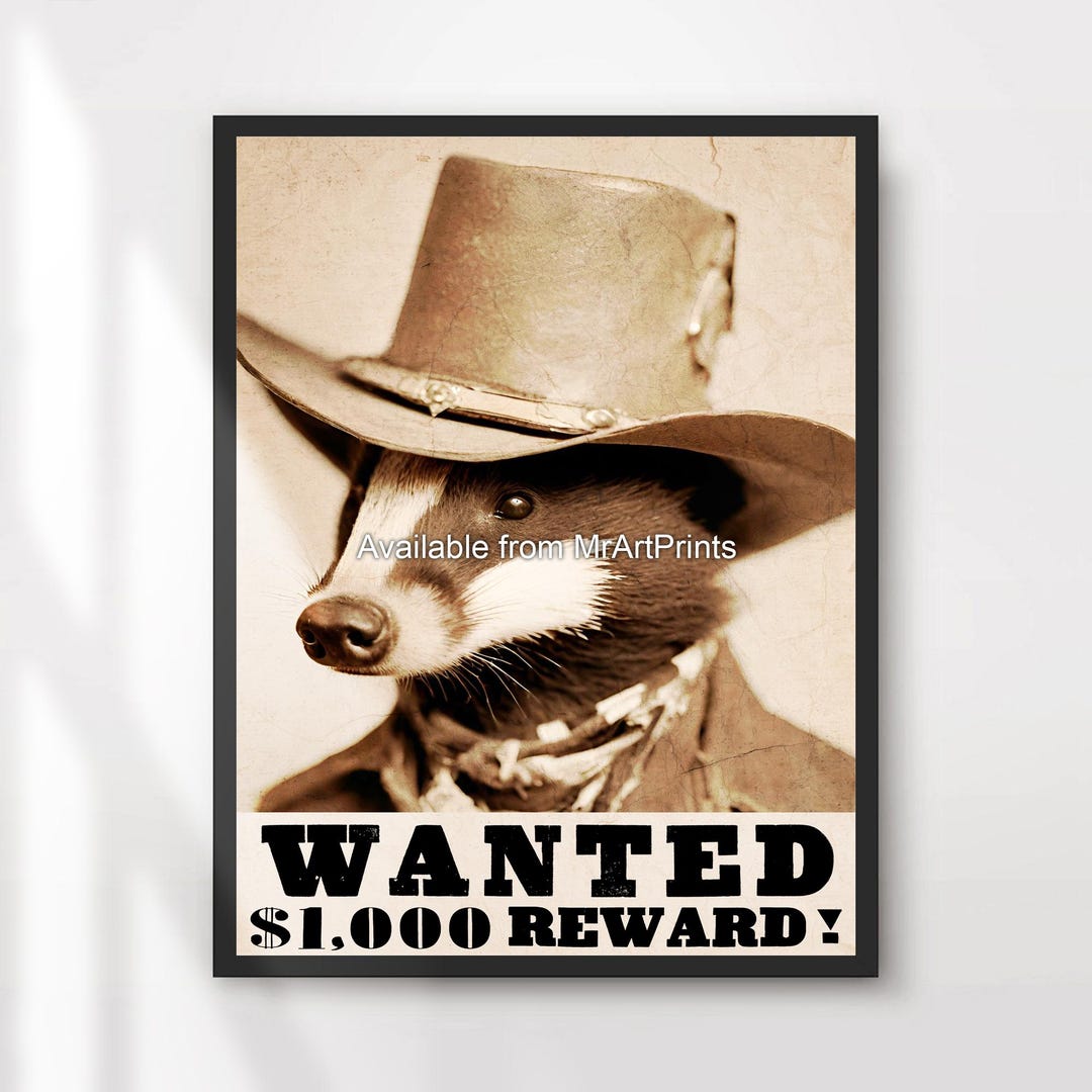 Cowboy Badger Wanted Poster Funny Animal Portrait Wild West Art Print ...