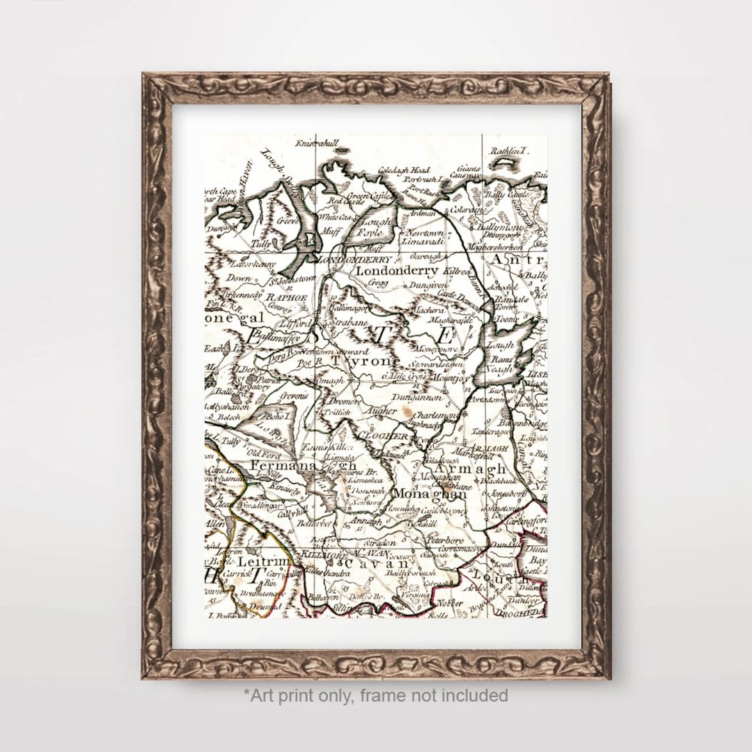 County TYRONE Irish Map Chart ART PRINT Northern Ireland Vintage ...