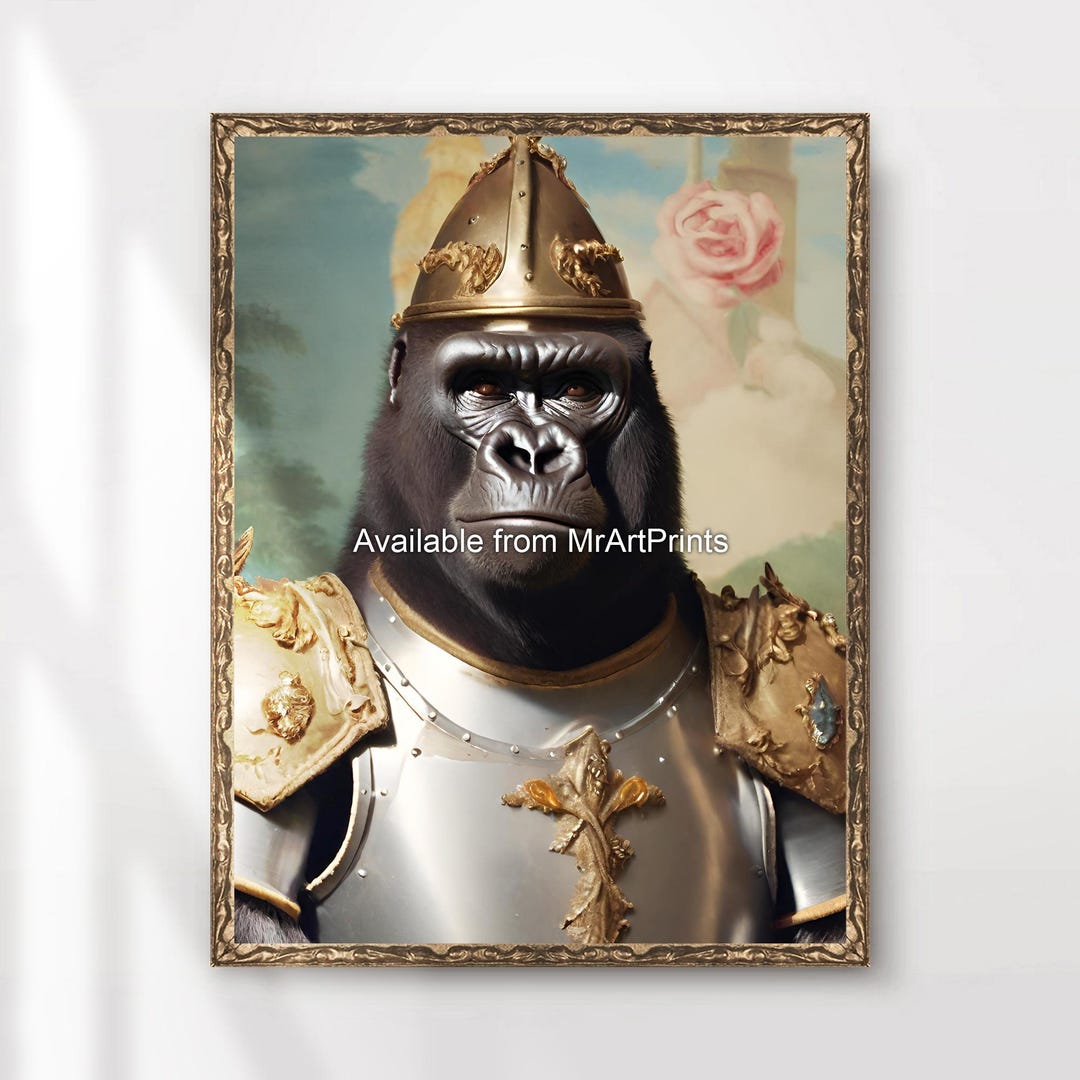Medieval Knight Gorilla Art Print Poster Wall Picture Funny Quirky Animal Portrait A4 A3 A2 A1 ...