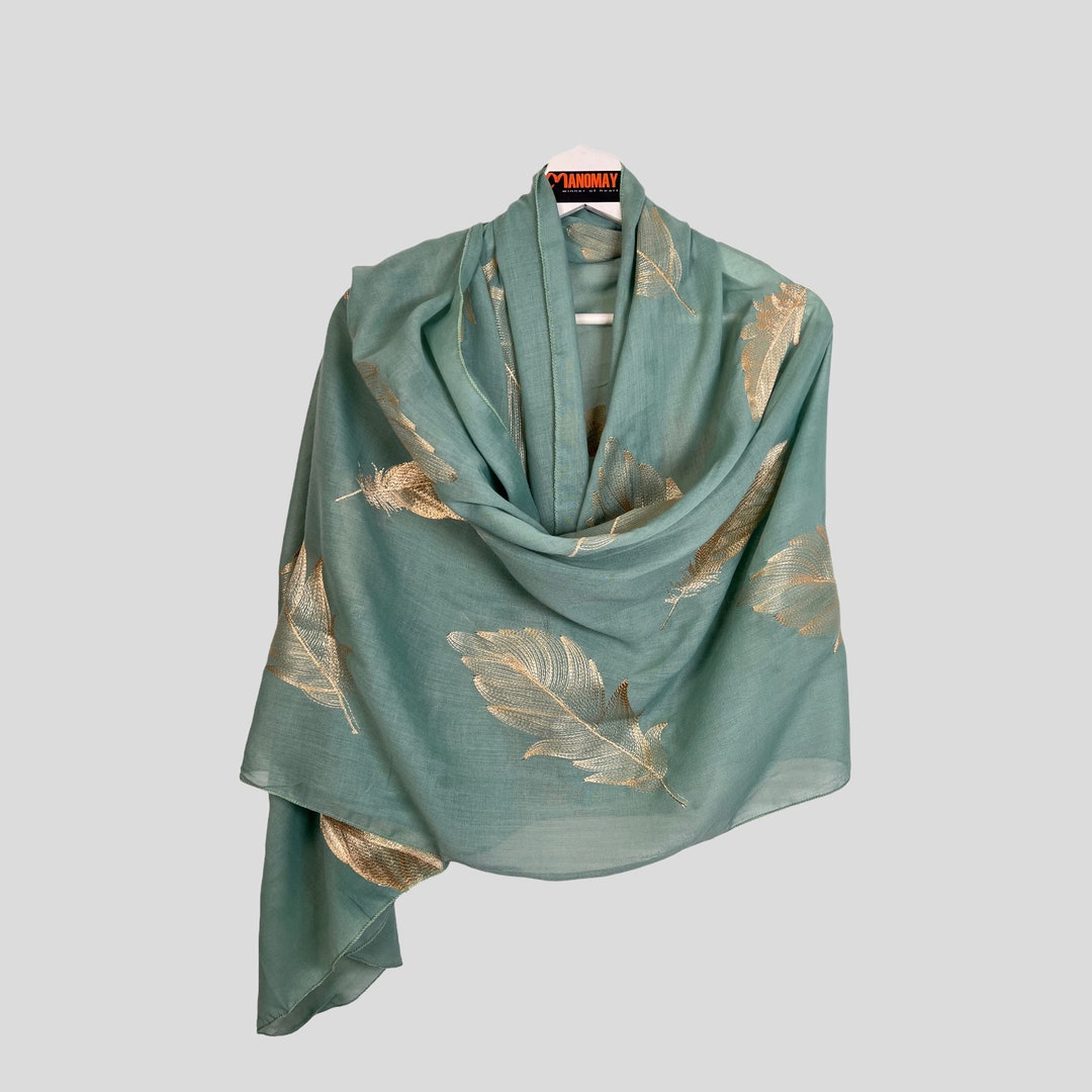 Hand Embroidered Scarf SEA GREEN Colour/ Feathers/leaves Print/autumn ...