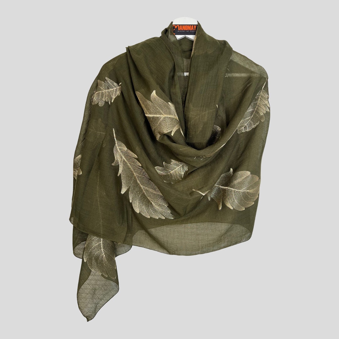 Hand Embroidered Scarf khaki FEATHERS/ LEAF/LEAVES /print - Etsy