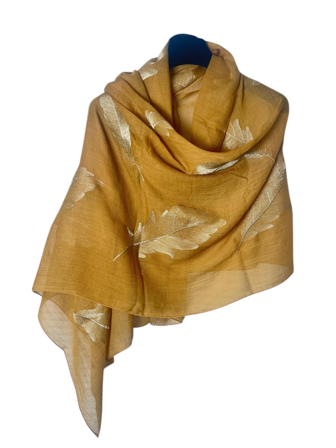 Hand Embroidered Scarf: Mustard Cotton With Golden Feathers - Etsy UK