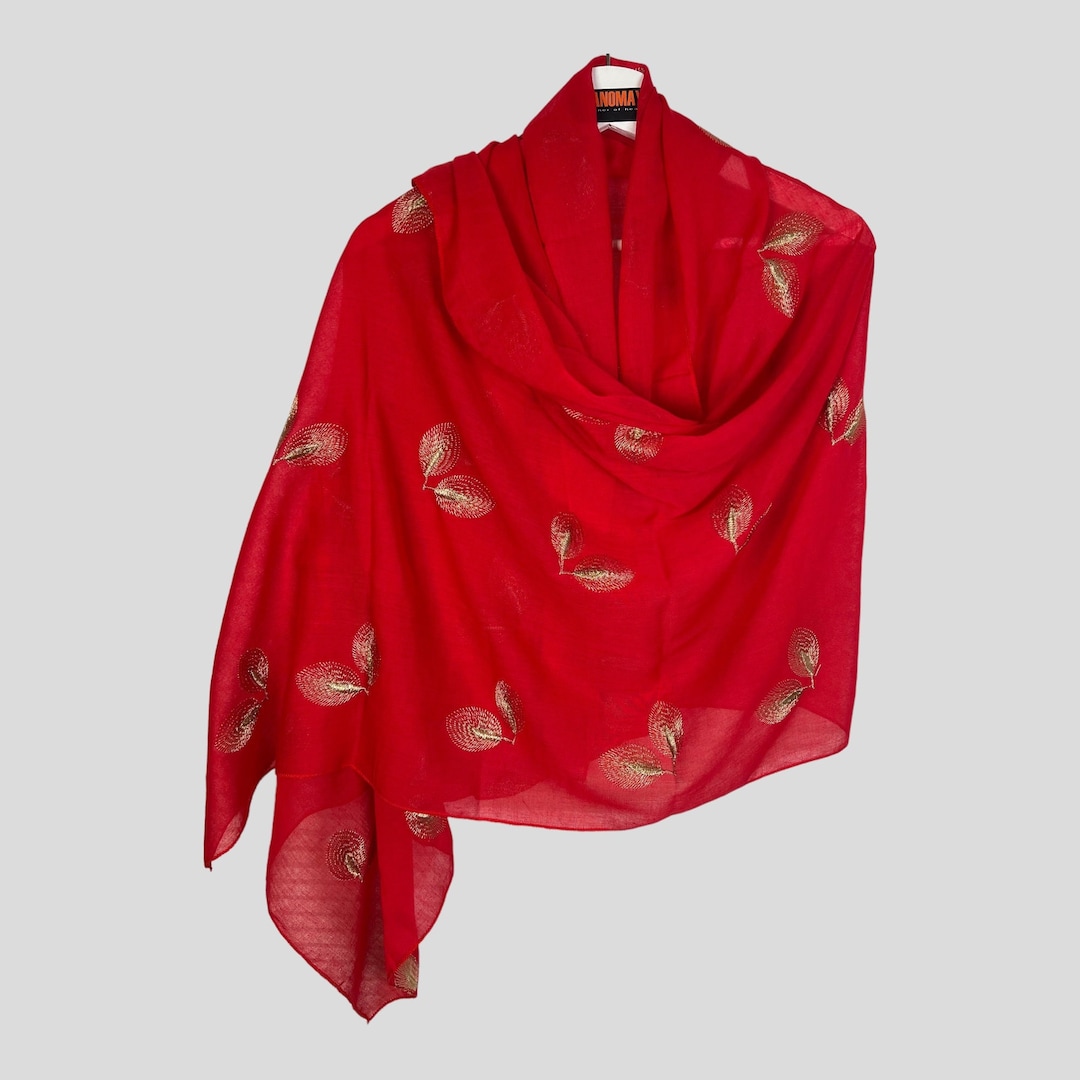 Hand Embroidered Scarf- RED - Small Leaves Print - Etsy