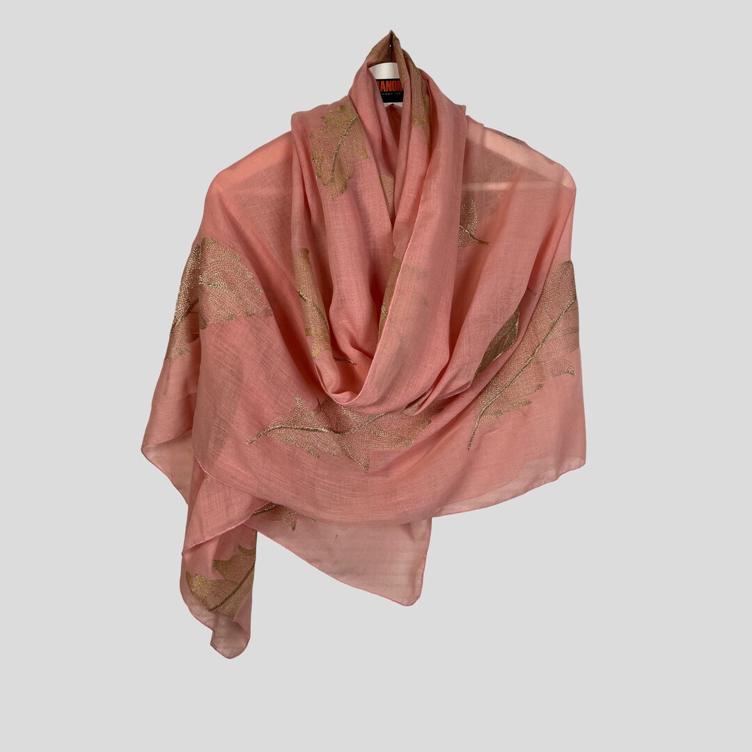 Hand Embroidered Scarf Baby Pink Colour/ Feathers/leaves Print/autumn ...
