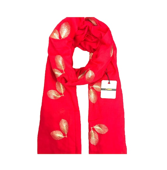Hand Embroidered Scarf RED Small Leaves Print | Etsy
