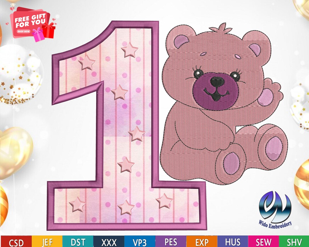 1st Birthday Bear Embroidery Design,5 Sizes 10 Formats,machine,applique ...