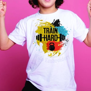 Gym Embroidery Design,train Hard,5 Sizes 10 Formats,machine,barbell ...