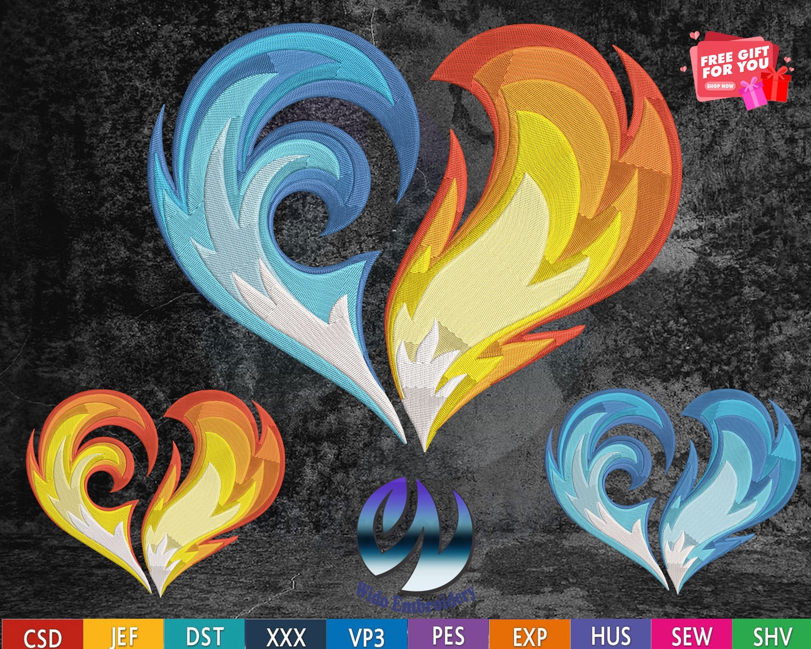 Heart Machine Embroidery Design Fire and Water 5 Sizes 10 - Etsy