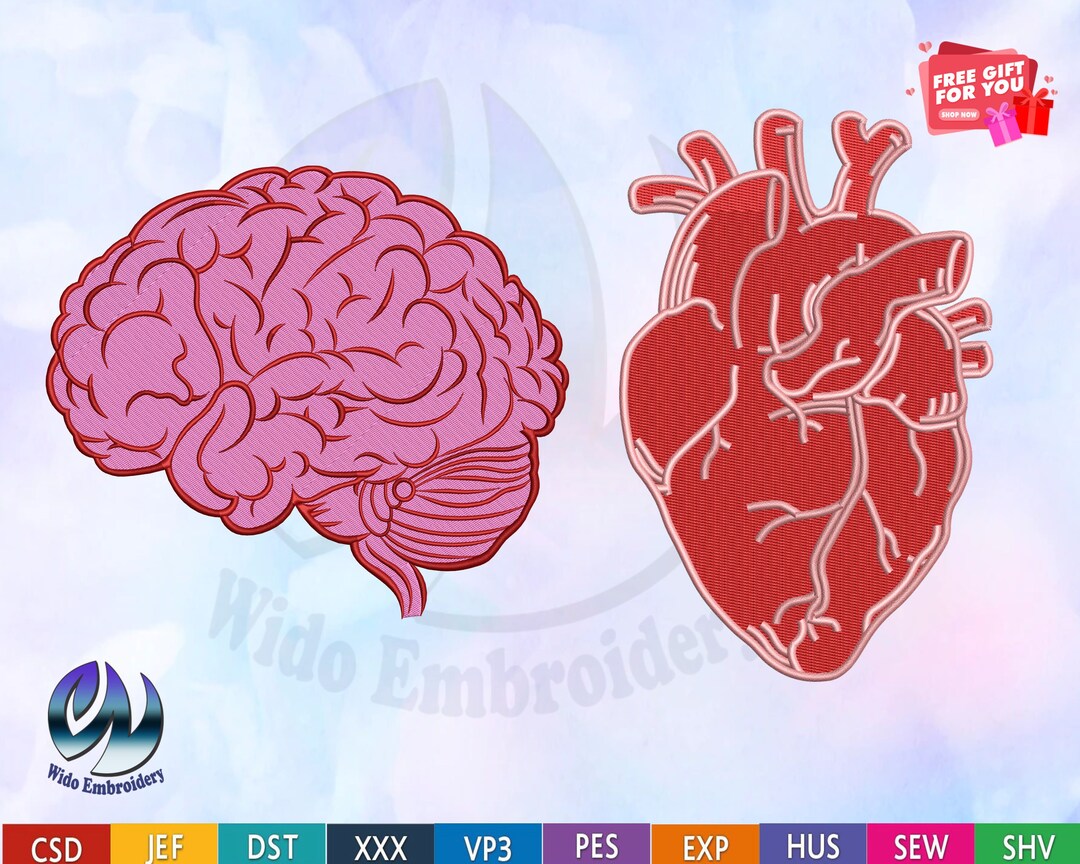 Anatomical Heart and Brain Embroidery Design, 5 Sizes 10 Formats ...