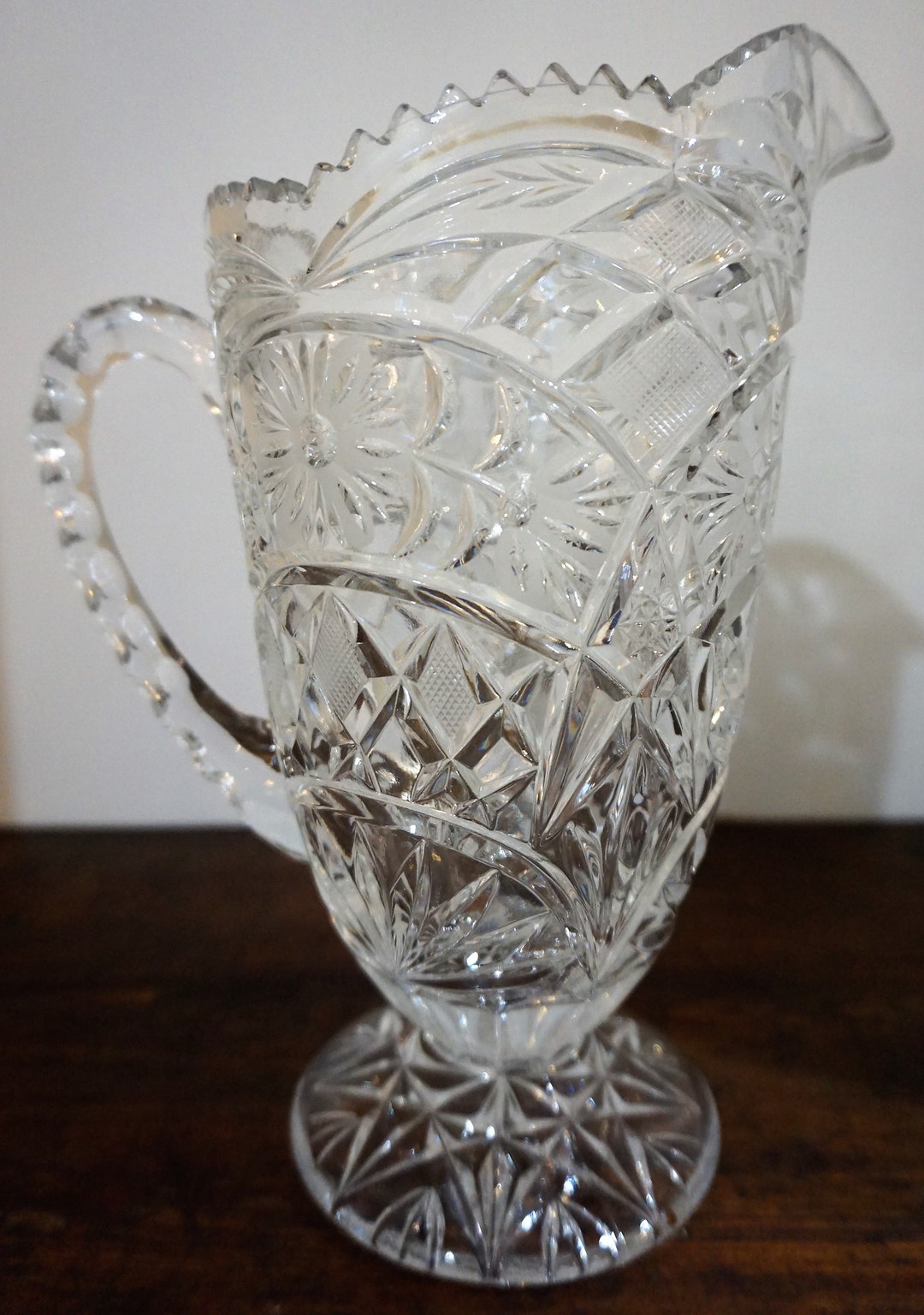 Gorgeous Tall Vintage Cut Crystal Glass Pedestal Pitcher Heavy Clear ...