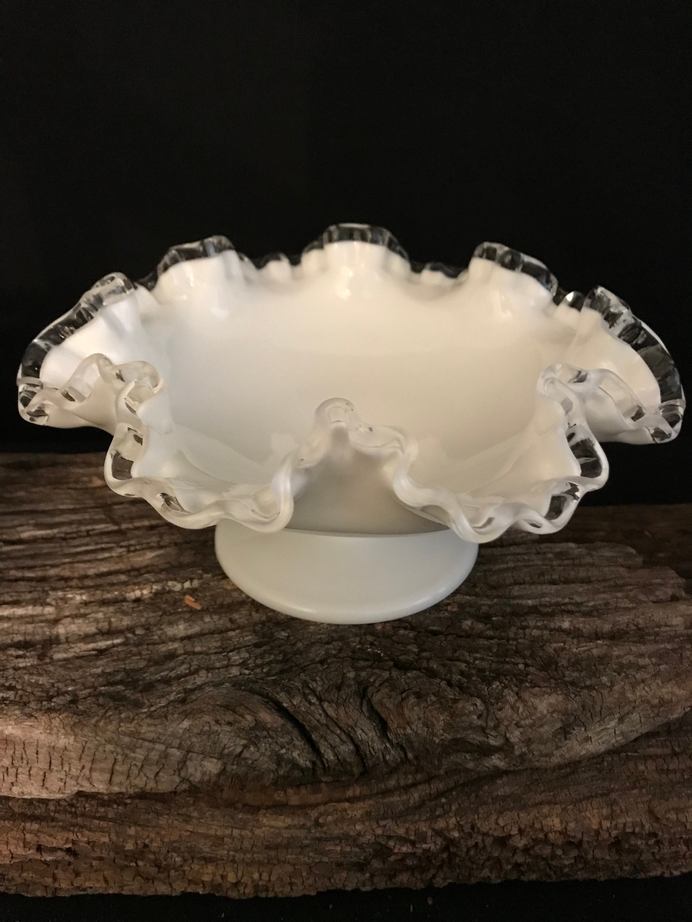 Large Fenton Bowl, Vintage, Silver Crest White Fenton, Crimped Ruffled ...
