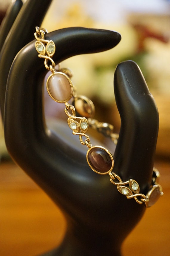 Vintage rhinestones, blue gemstones and gold tone Owl… - Gem