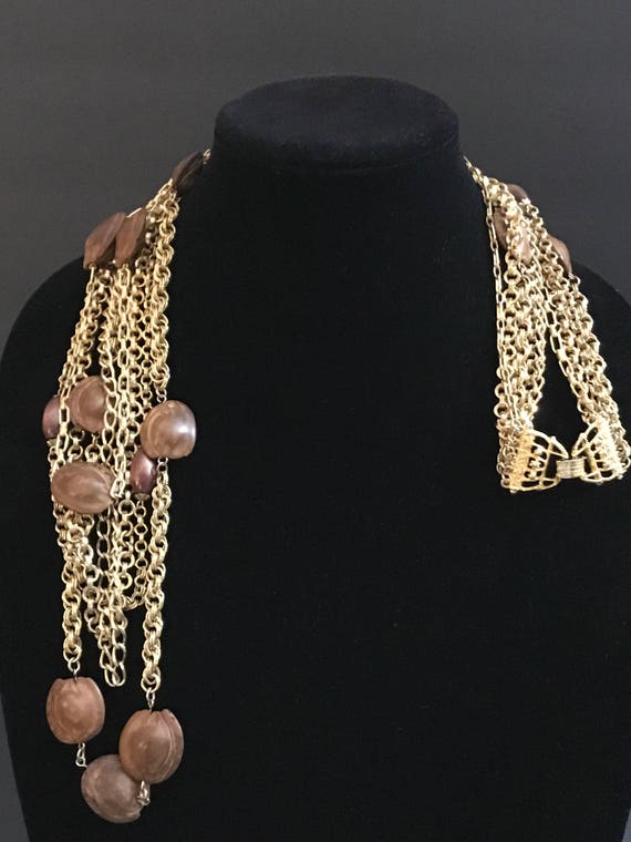 Vintage HOBE Necklace: 5-Strand Gold Chain with Natur… - Gem