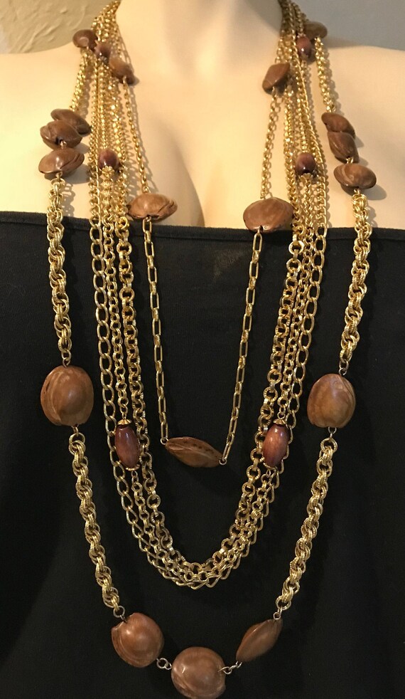 Vintage HOBE Necklace: 5-Strand Gold Chain with Natur… - Gem