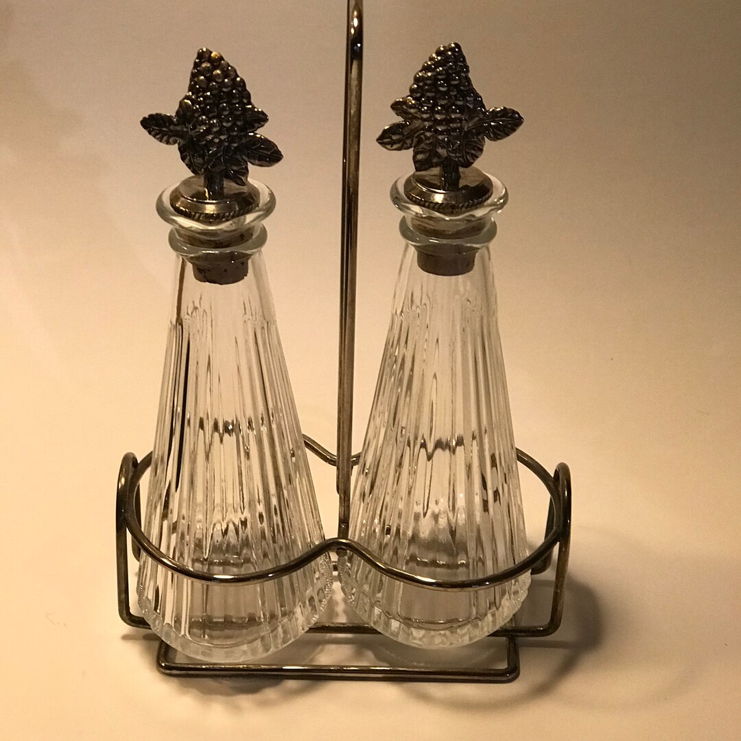Vintage Ribbed Glass Cruet Set With Silverplate Caddy - Etsy
