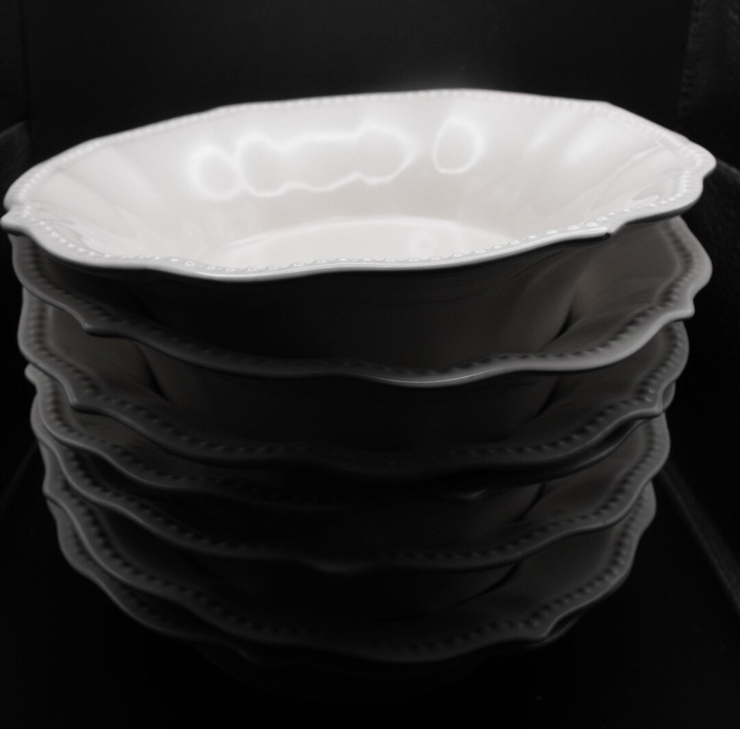 Pioneer Woman Paige Linen White Soup/cereal Bowls With Beaded Edge ...