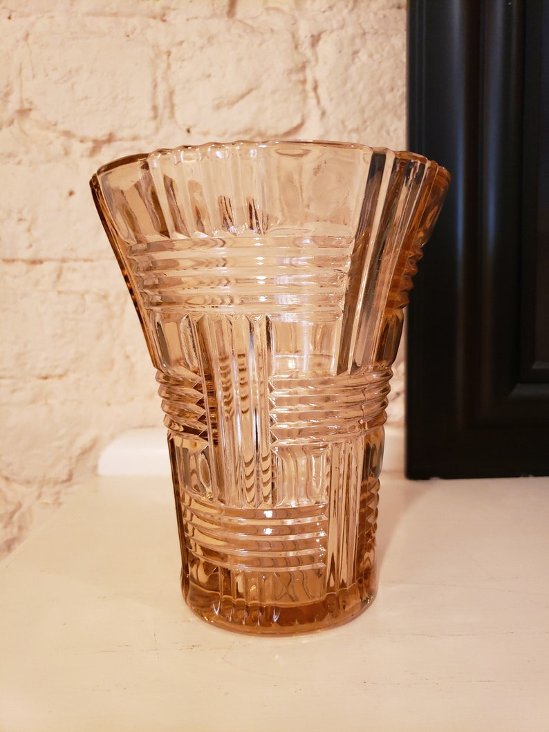 Pink Depression Glass Vase Queen Mary Basket Weave | Etsy