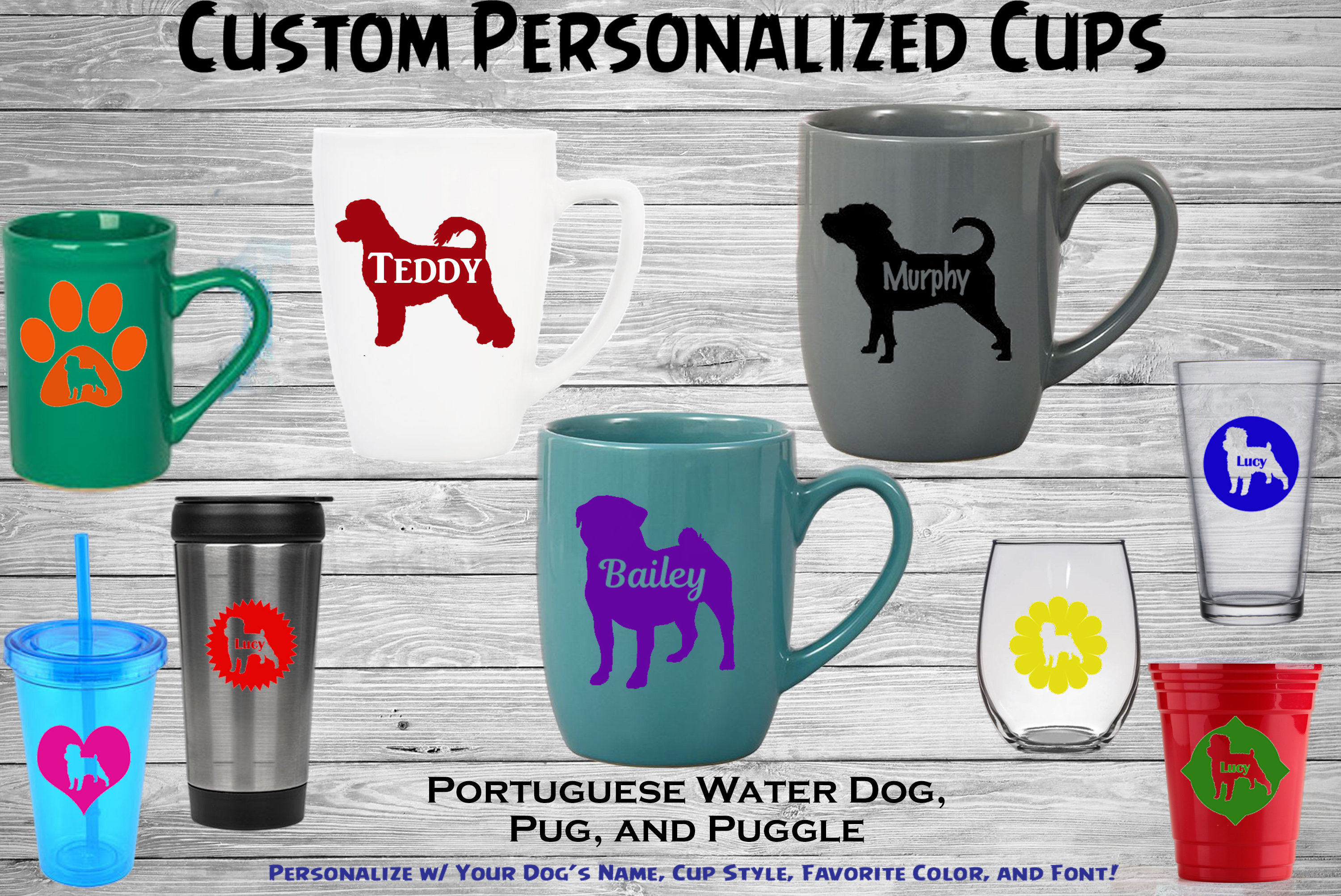 Portuguese Water Dog / Pug / Puggle Custom Personalized Name | Etsy